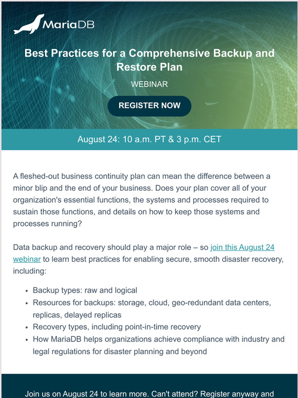 MariaDB: Best Practices for a Comprehensive Backup and Restore Plan with MariaDB | August 24 ...