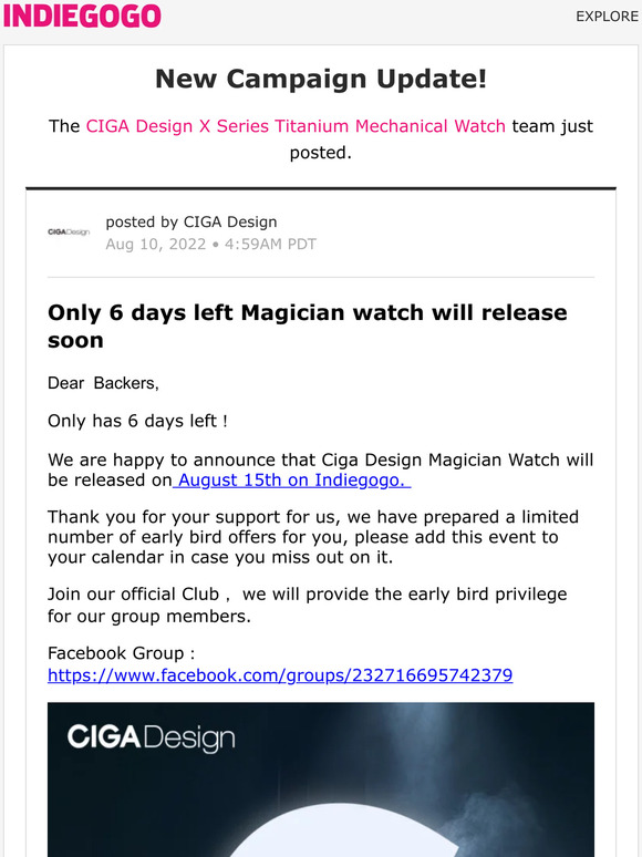 Indiegogo: 📢 Update #24 from CIGA Design X Series Titanium Mechanical ...