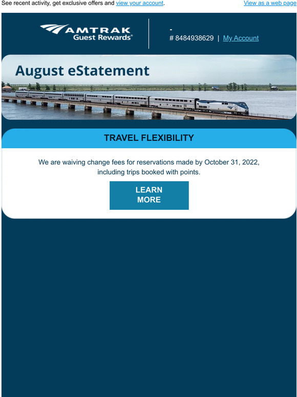 Amtrak: —, your August eStatement has arrived. Deals, earning points ...