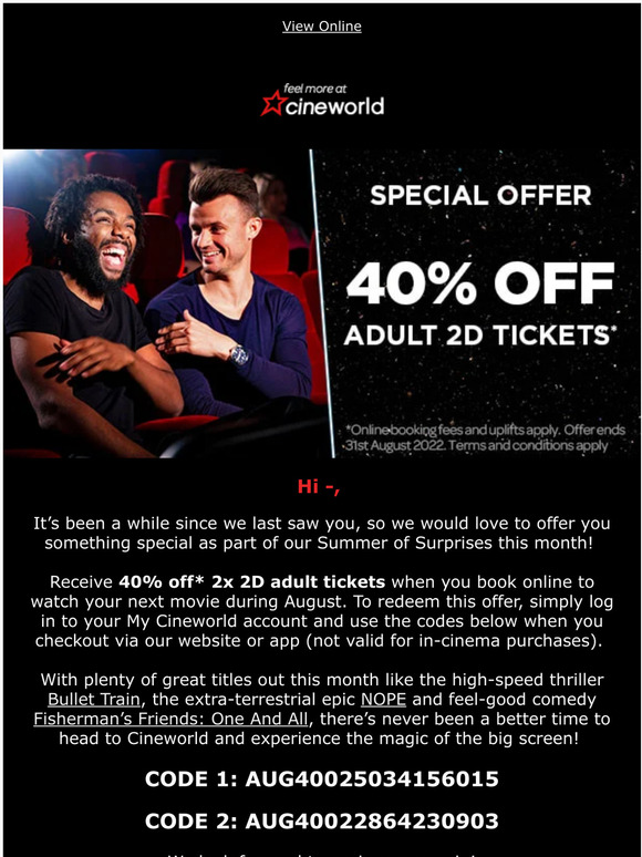 Cineworld: Receive 40% off* 2x 2D adult tickets with our Summer of ...