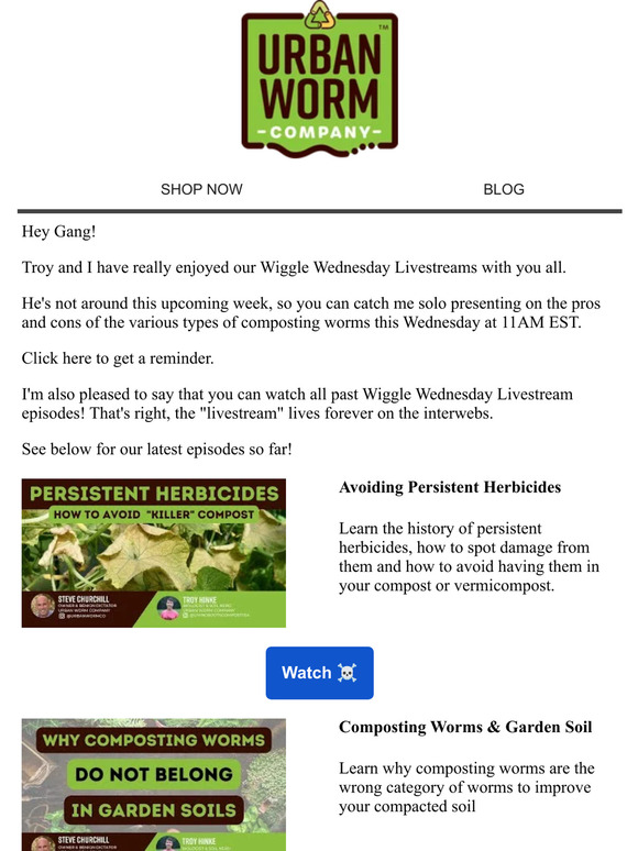 Urban Worm Company: 👀Watch All Past Wiggle Wednesday Livestreams! | Milled