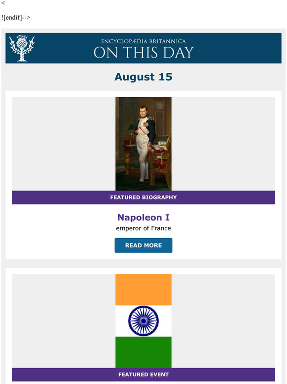 Brittanica: Independence for India, Napoleon I is featured, and more ...