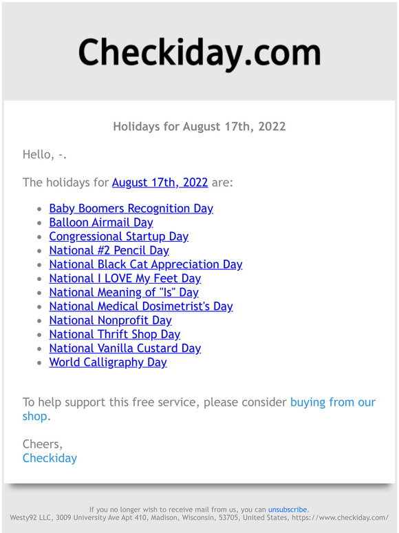 Checkiday: Holidays for August 17th, 2022! 📅🎉 | Milled
