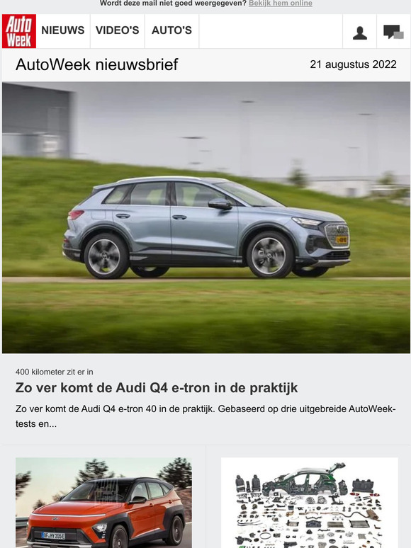 AutoWeek: Nieuwsbrief: Zo ver komt de Audi Q4 e-tron in de praktijk | Milled