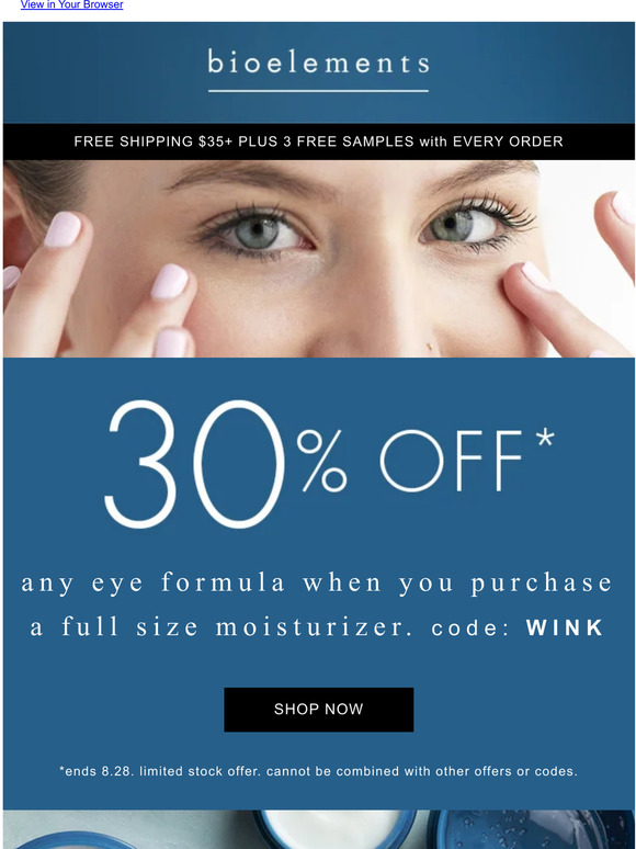 Bioelements: code WINK for 30% off eye formulas (details inside) | Milled