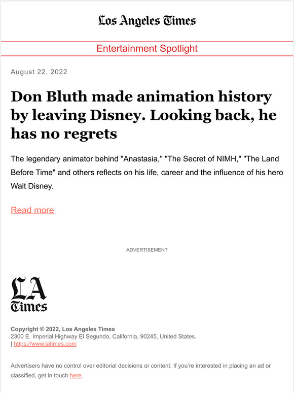Los Angeles Times: Leaving Disney let Don Bluth make animation history ...