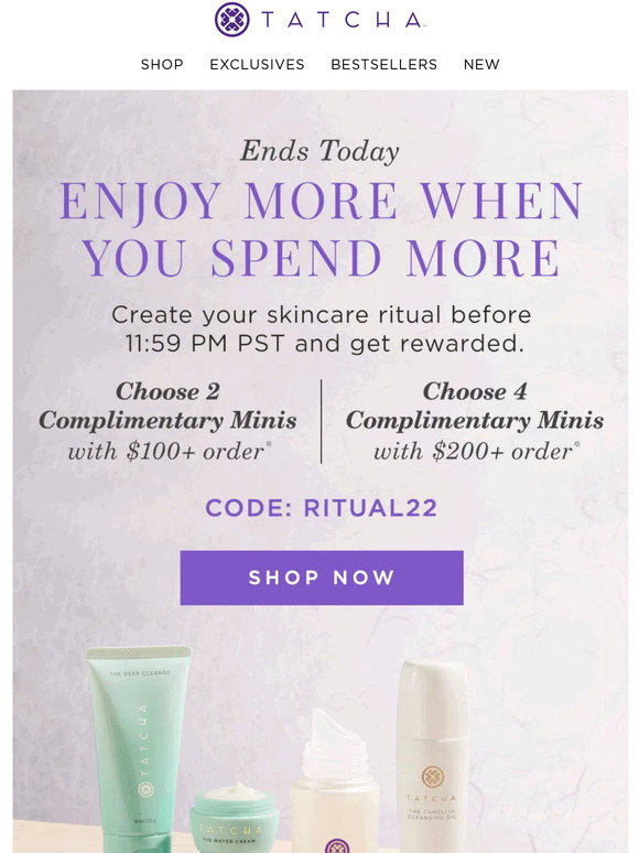 Tatcha: Choose your complimentary minis before midnight | Milled