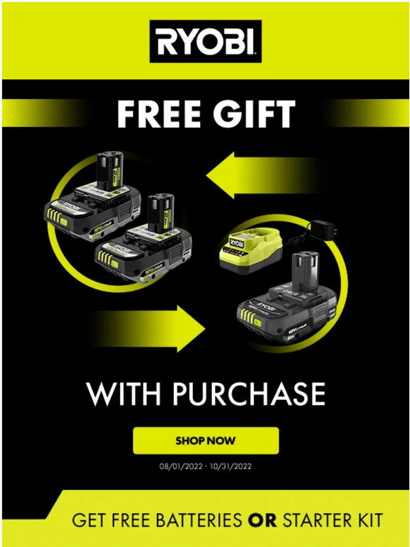 Ryobi: Your FREE batteries or starter kit with purchase is waiting | Milled