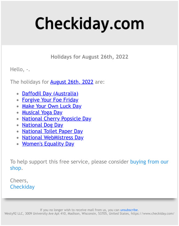 Checkiday: Holidays for August 26th, 2022! 📅🎉 | Milled