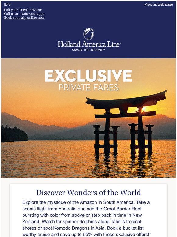 Holland America Line: Private Fares up to 55% Off—Wonders of the World ...