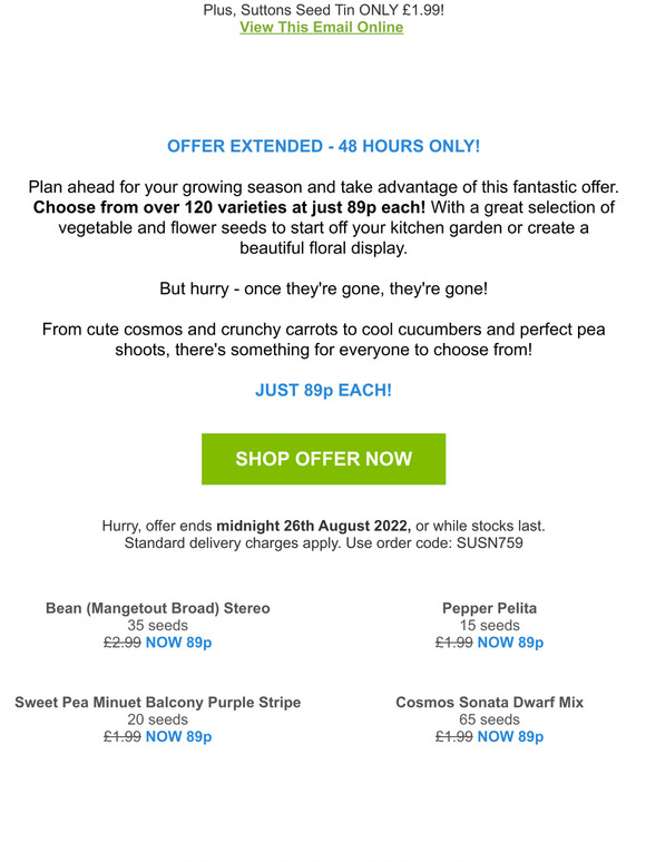 Suttons Seeds: SEED PACKETS 89p EACH! EXTENDED! | Milled