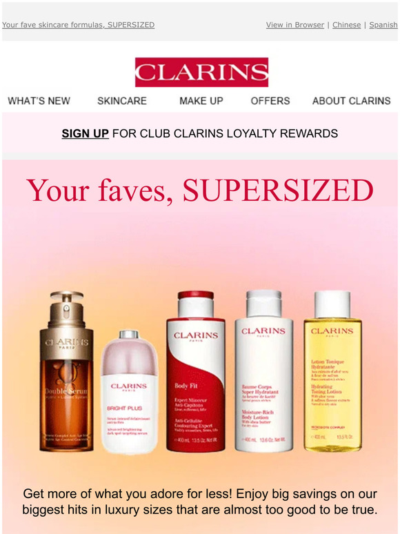 Clarins: The bigger the sizes, the bigger the savings | Milled