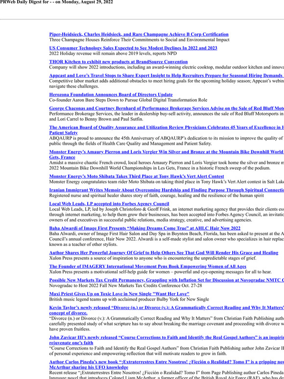 PRWeb: PRWeb Daily Digest for — — on Monday, August 29, 2022 | Milled