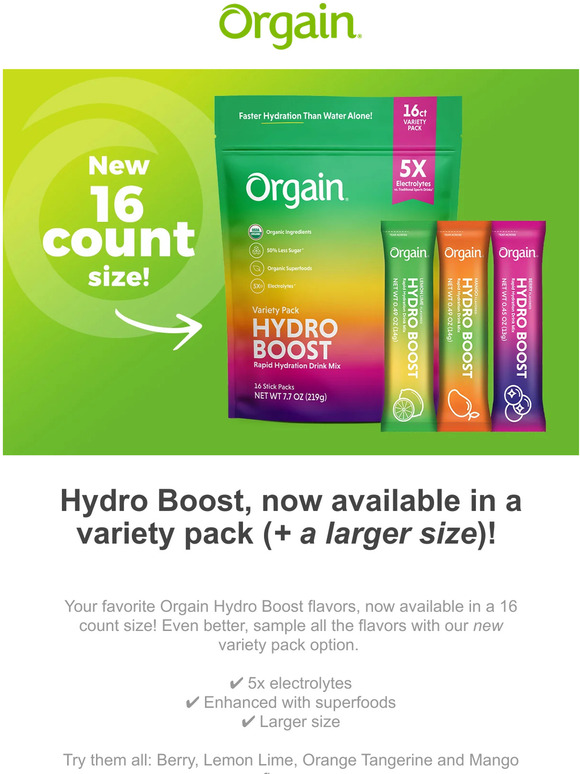 Orgain: ⚡ NEW ⚡ Hydro Boost now in a variety pack AND larger size! | Milled