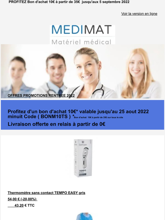 Medimat: PROFITEZ Bon d'achat 10€ à partir de 35€ jusqu'aux 5 septembre ...