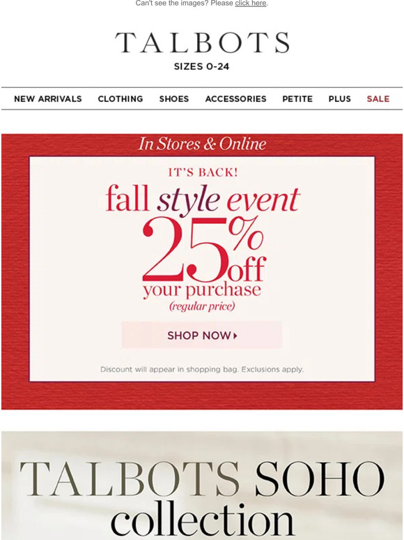 Talbots: Get to know SOHO with 25% off! | Milled