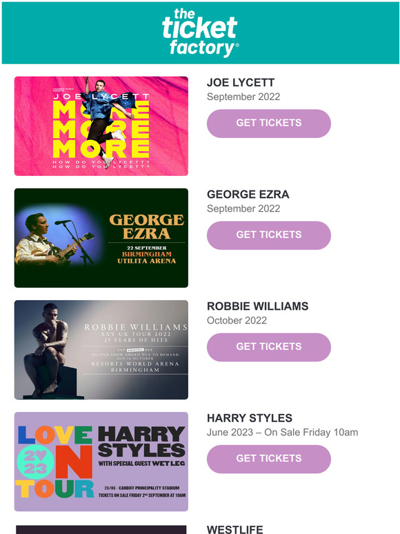 The Ticket Factory: Joe Lycett, George Ezra, Robbie Williams, Harry ...