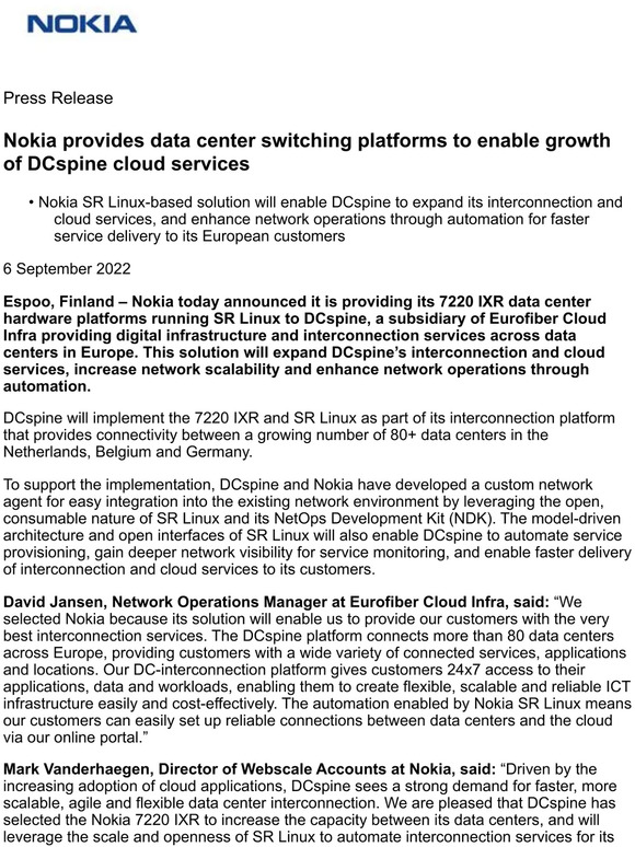 Withings: Nokia provides data center switching platforms to enable ...