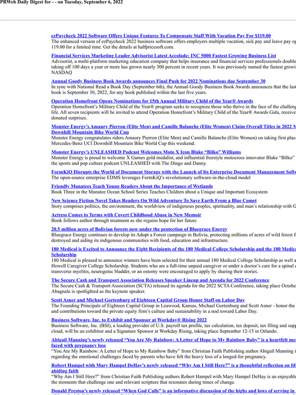 PRWeb: PRWeb Daily Digest for — — on Tuesday, September 6, 2022 | Milled