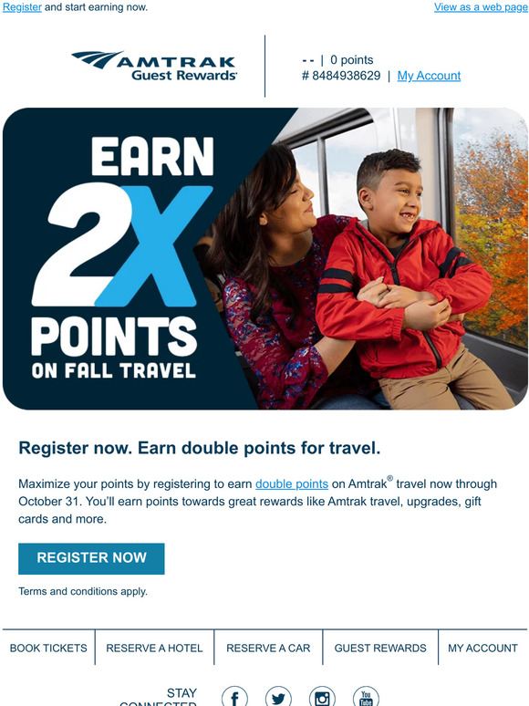 Amtrak: —, register today to earn 2X points on travel. | Milled