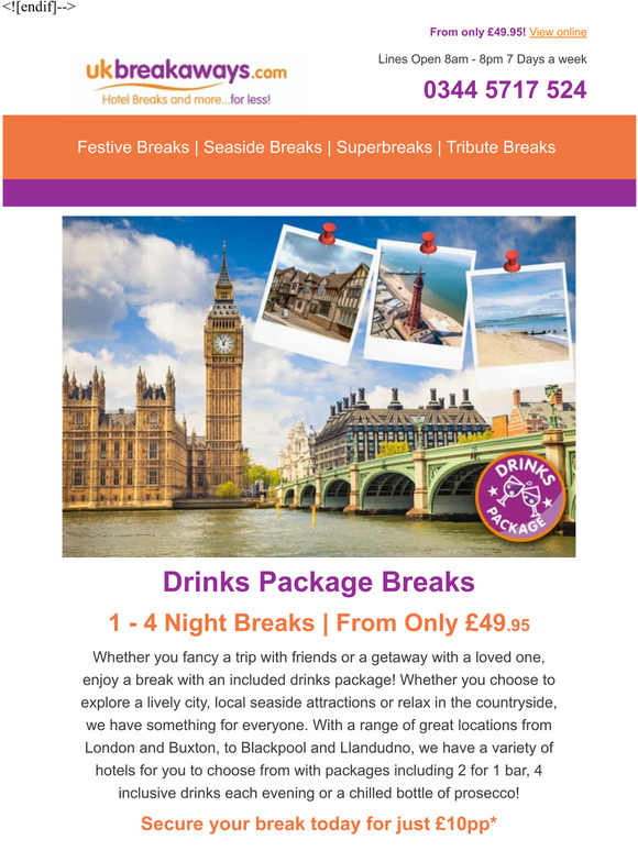 UK Breakaways: Drinks package hotel breaks from £49.95! | Milled
