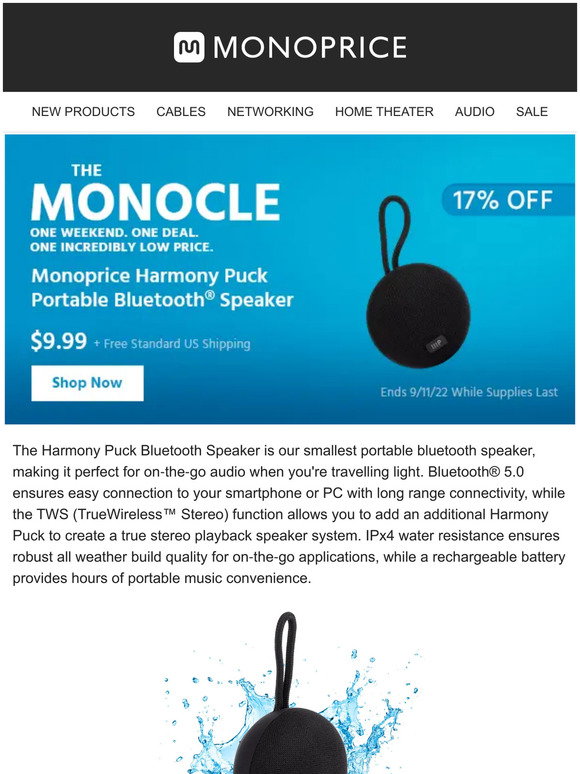Monoprice: WEEEKEND DEAL | Harmony Puck IPx4 Portable Bluetooth Speaker ...