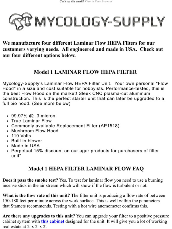 Mycology Supply: Four Laminar Flow HEPA Filters for Mycology | Milled