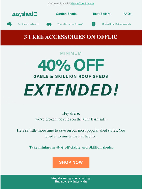 Easy Shed: SALE EXTENDED! 40% or MORE off Gable and Skillion Roof Sheds ...