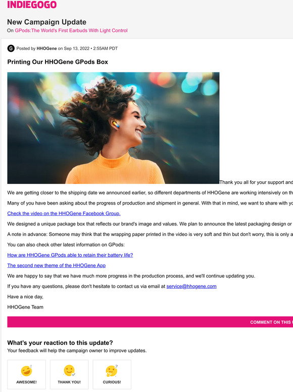 Indiegogo: 📢 Update #30 from GPods:The World's First Earbuds With Light ...
