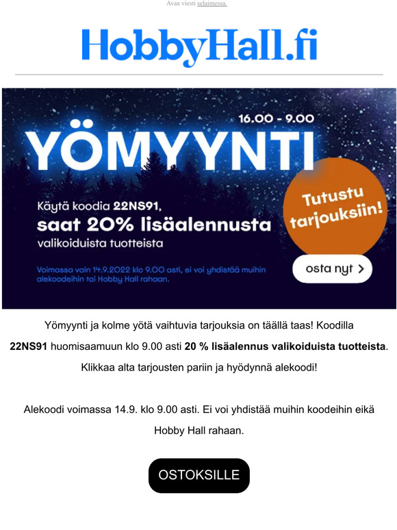 Hobby Hall FI: Yömyynti on alkanut! 🌙 -20 % valituista tuotteista huomisaamuun asti | Milled