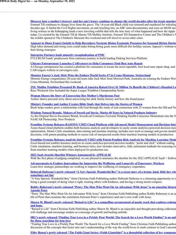 PRWeb: PRWeb Daily Digest for — — on Monday, September 19, 2022 | Milled