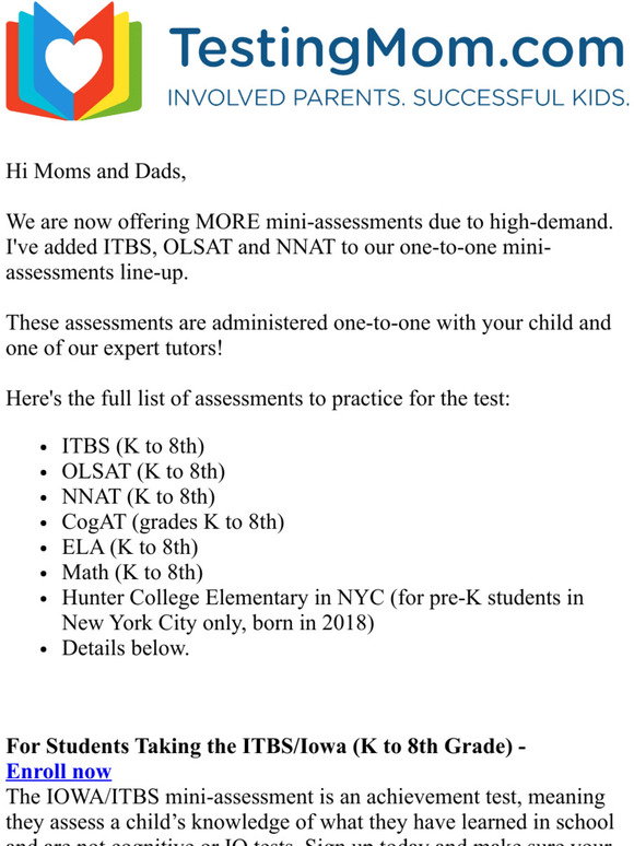 Testing Mom: Enroll for mini-assessment for ITBS, CogAT, NNAT, OLSAT ...