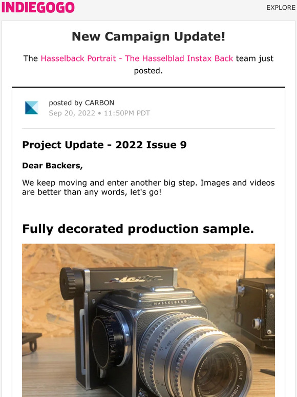 Indiegogo: 📢 Update #23 from Hasselback Portrait - The Hasselblad Instax Back | Milled