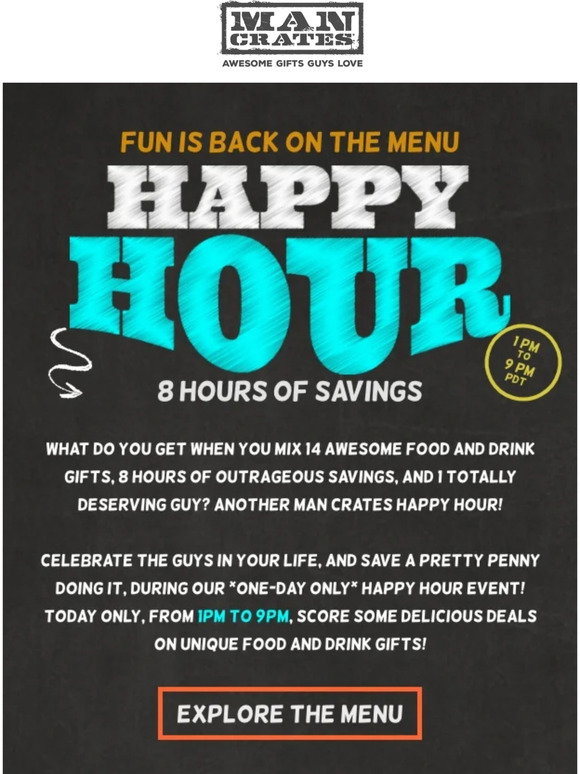 Man Crates: 🍹 Happy Hour is Back: 8 Hours of Scrumptious Savings! | Milled