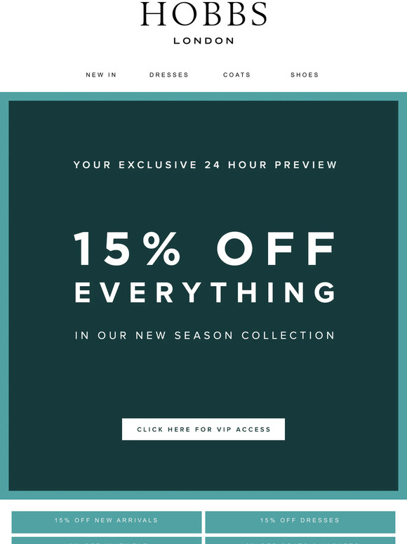 Hobbs UK: Your 24 hour preview! 15% off everything. | Milled