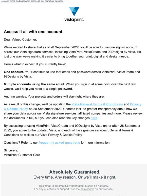Vistaprint: Heads-up: Changes coming to your account sign-in. | Milled