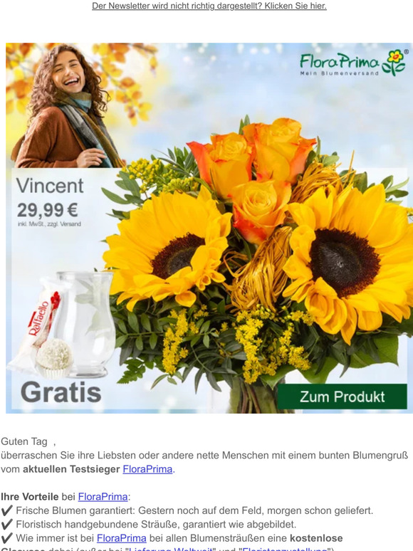 Flora Prima: Bringen Sie Augen zum Strahlen mit einem herrlichen Blumenstrauß und 2 Gratis ...
