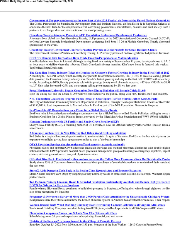 PRWeb: PRWeb Daily Digest for — — on Saturday, September 24, 2022 | Milled