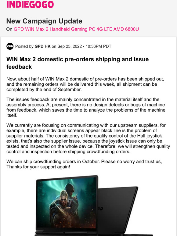 Indiegogo: 📢 Update #21 from GPD WIN Max 2 Handheld Gaming PC 4G LTE ...