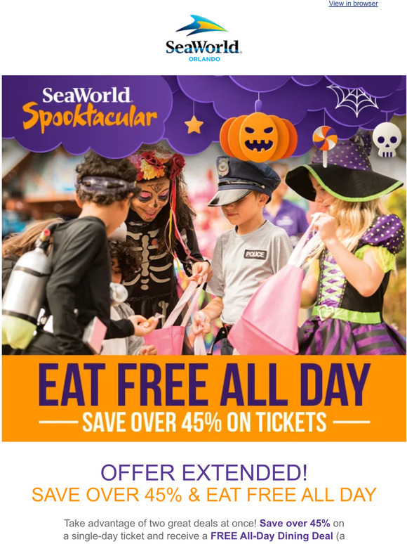 SeaWorld: OFFER EXTENDED: Save Over 45% & Eat FREE All Day! | Milled