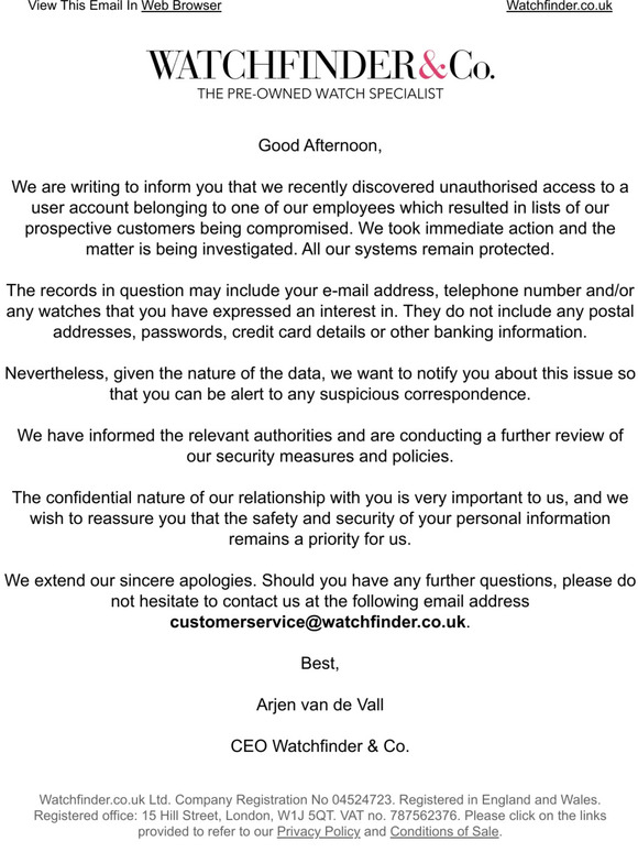 Watchfinder: Watchfinder: Important Information Regarding Your Personal ...