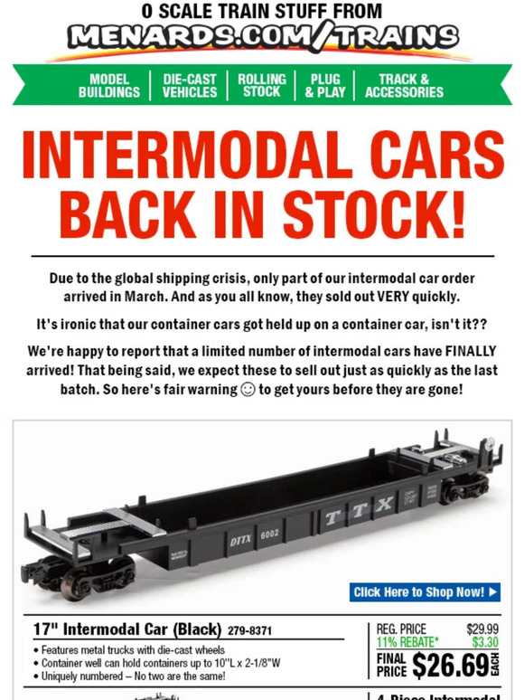 Menards: Intermodal Cars Back In Stock! | Milled