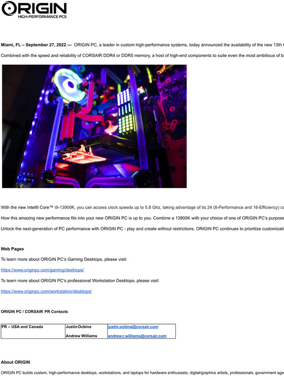 Origin PC: PRESS RELEASE: Beyond Performance - 13th Gen Intel® Core ...