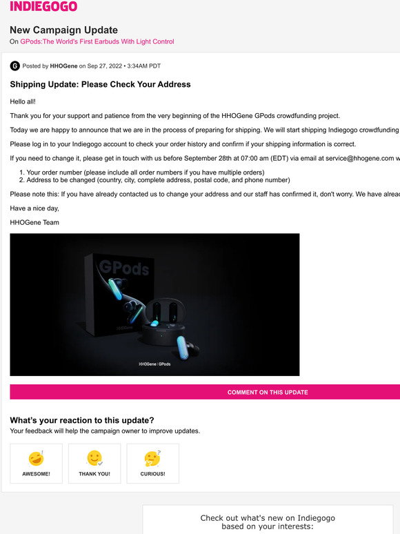 Indiegogo: 📢 Update #32 from GPods:The World's First Earbuds With Light ...