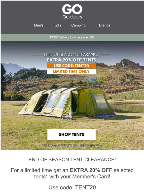 Go Outdoors: EXTRA 20% Off Tent Clearance Now On! | Milled