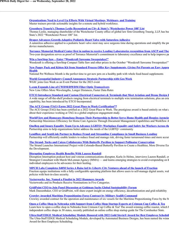 PRWeb: PRWeb Daily Digest for — — on Wednesday, September 28, 2022 | Milled