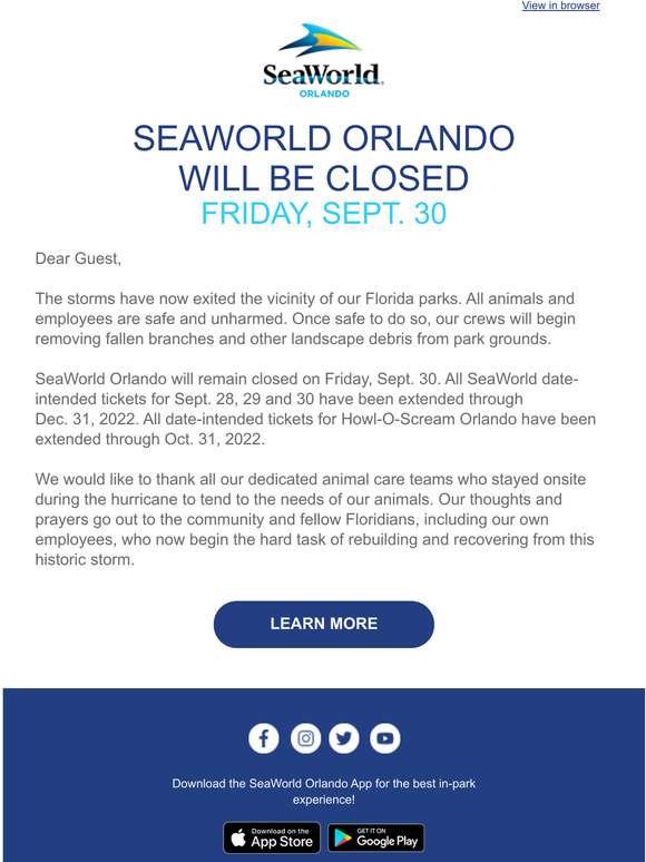 SeaWorld: Update: We Will Be Closed Friday, Sept. 30 | Milled
