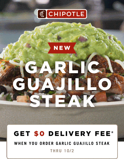 Chipotle: Garlic Guajillo Steak 🤝 $0 Delivery Fee | Milled