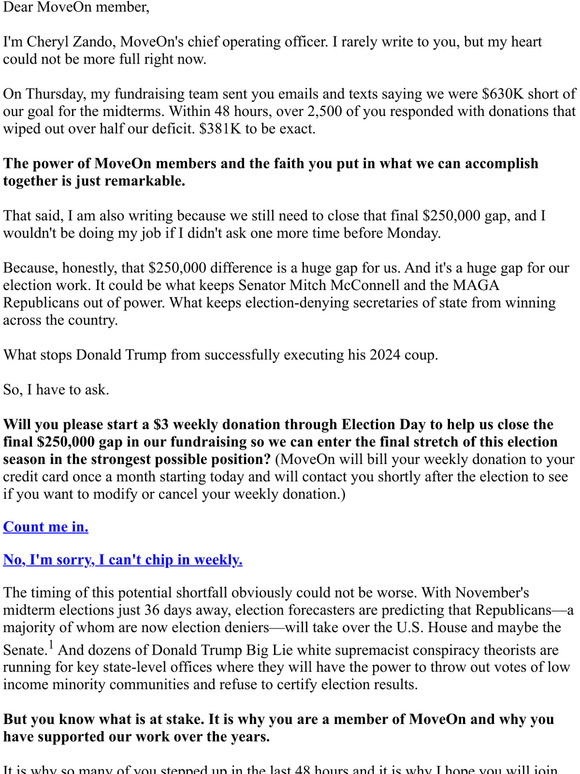 MoveOn: This is a difficult email to send | Milled