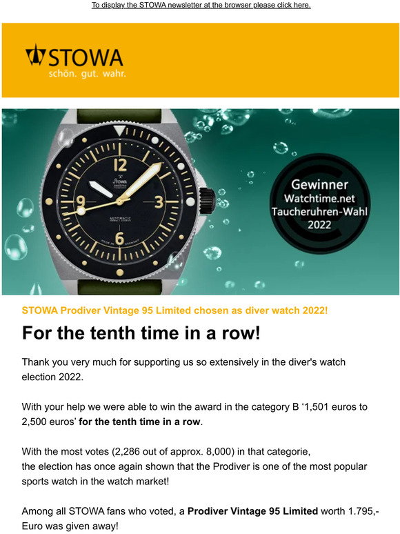 Stowa: STOWA Prodiver Vintage 95 Limited wins diver watch election 2022 ...
